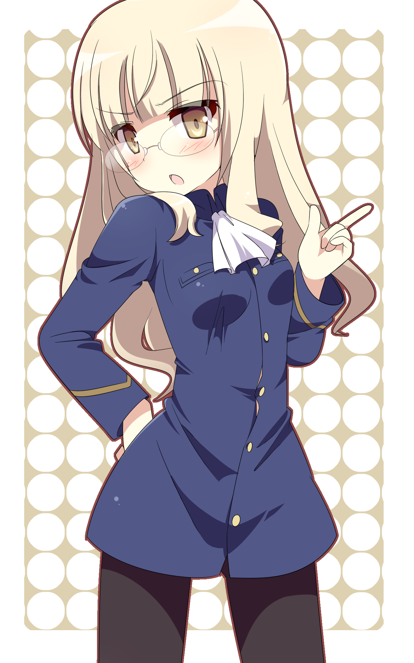Safebooru - >:o 1girl ascot black legwear blonde hair blush glasses hand on hip highres index ...